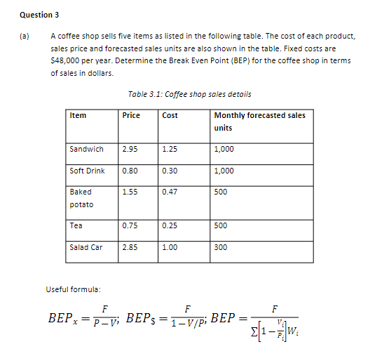 Solved A coffee shop sells five items as listed in the | Chegg.com
