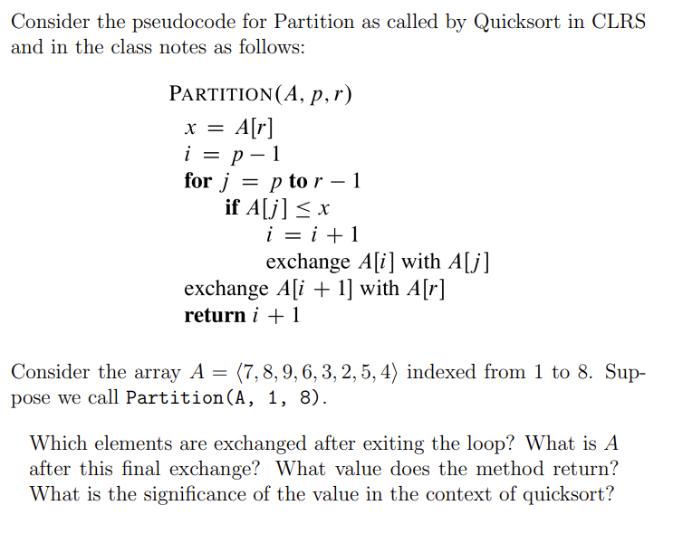 Solved Consider The Pseudocode For Partition As Called By 3565