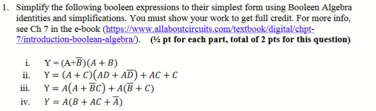 Solved Boolean Algebra Please show all steps if you can. I | Chegg.com