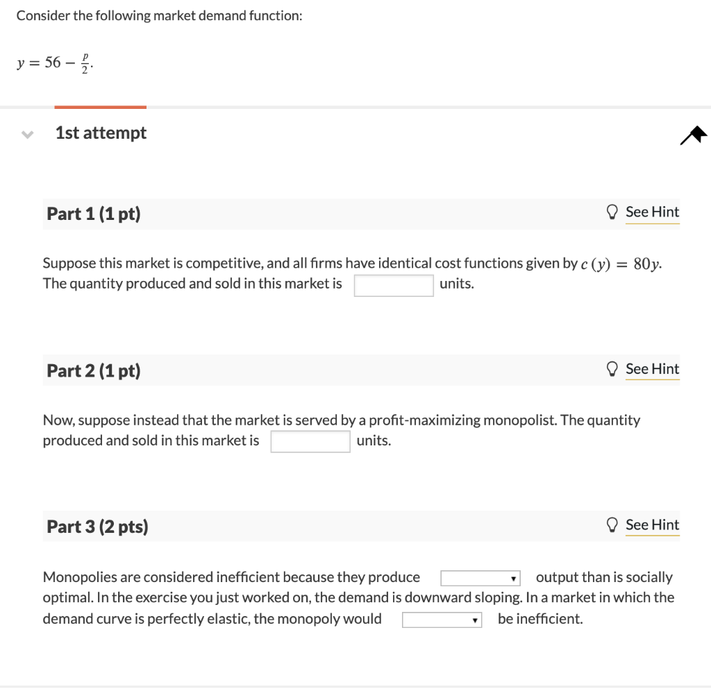 Solved Consider the following market demand function: y = 56 | Chegg.com