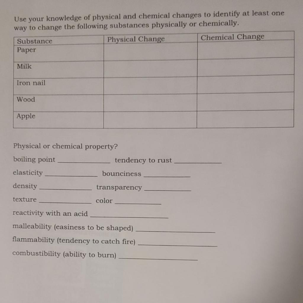 Solved Use your knowledge of physical and chemical changes | Chegg.com