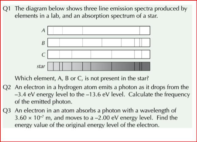 Solved Q1 The diagram below shows three line emission | Chegg.com