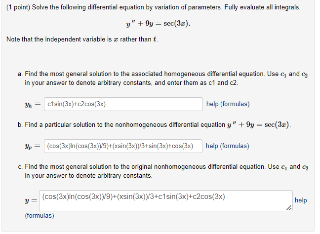 Solved y′′+9y=sec(3x). Note that the independent variable is | Chegg.com