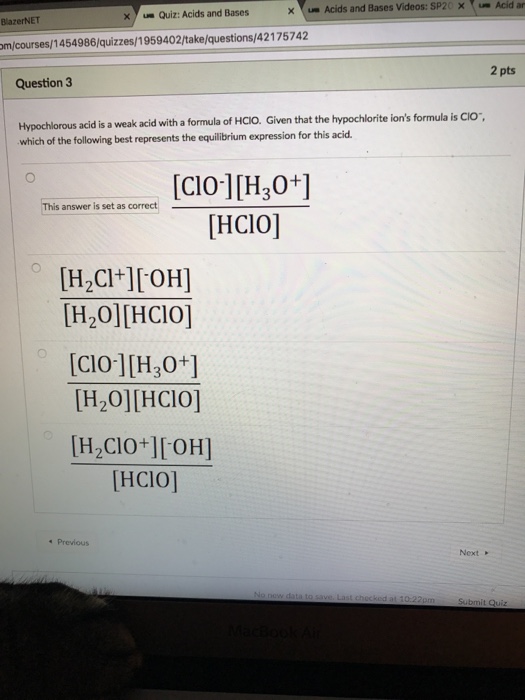 Solved Hypochlorous Acid Is A Weak Acid With A Formula Of