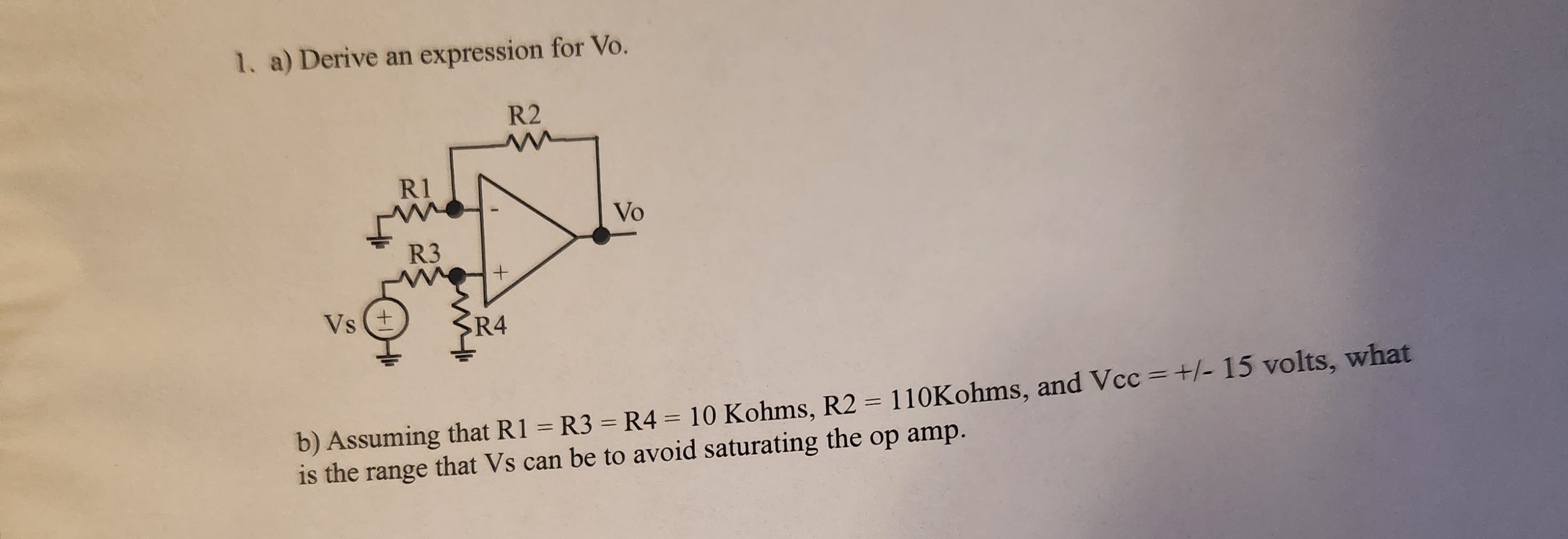 Solved 1. a) Derive an expression for Vo. b) Assuming that | Chegg.com