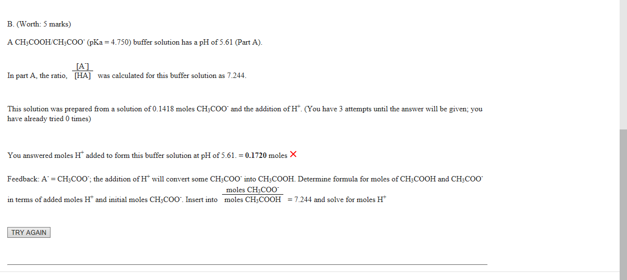 Solved B. (Worth: 5 marks) A CH3COOH CH3COO(pka = 4.750) | Chegg.com