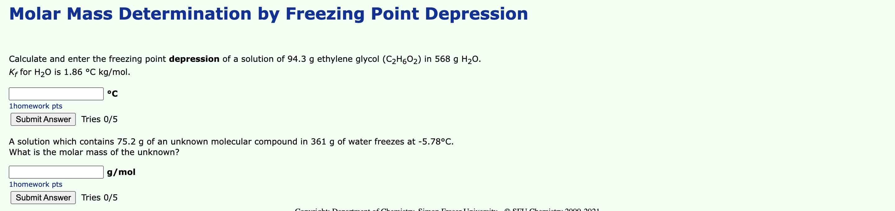 Solved Molar Mass Determination by Freezing Point Depression | Chegg.com