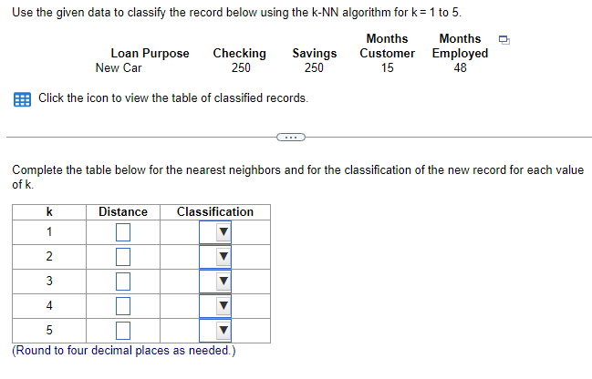 Use the given data to classify the record below using | Chegg.com