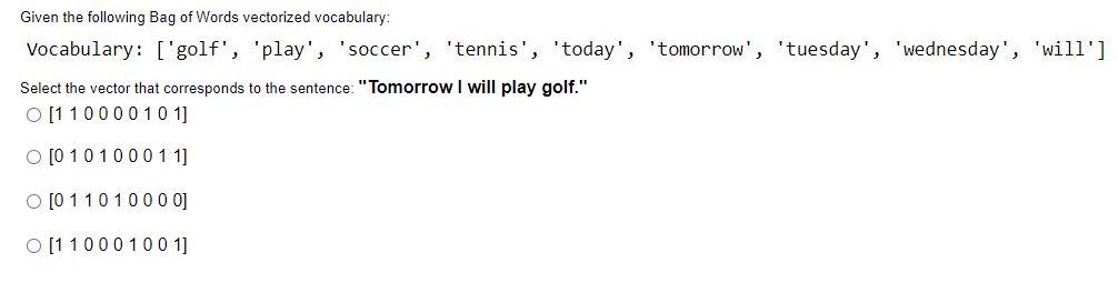 Solved Given the following Bag of Words vectorized | Chegg.com