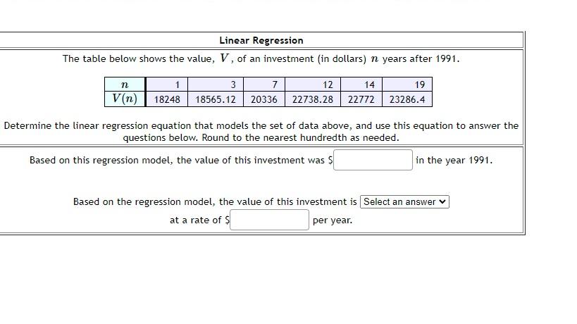 Solved Linear Regression The table below shows the value, V, | Chegg.com