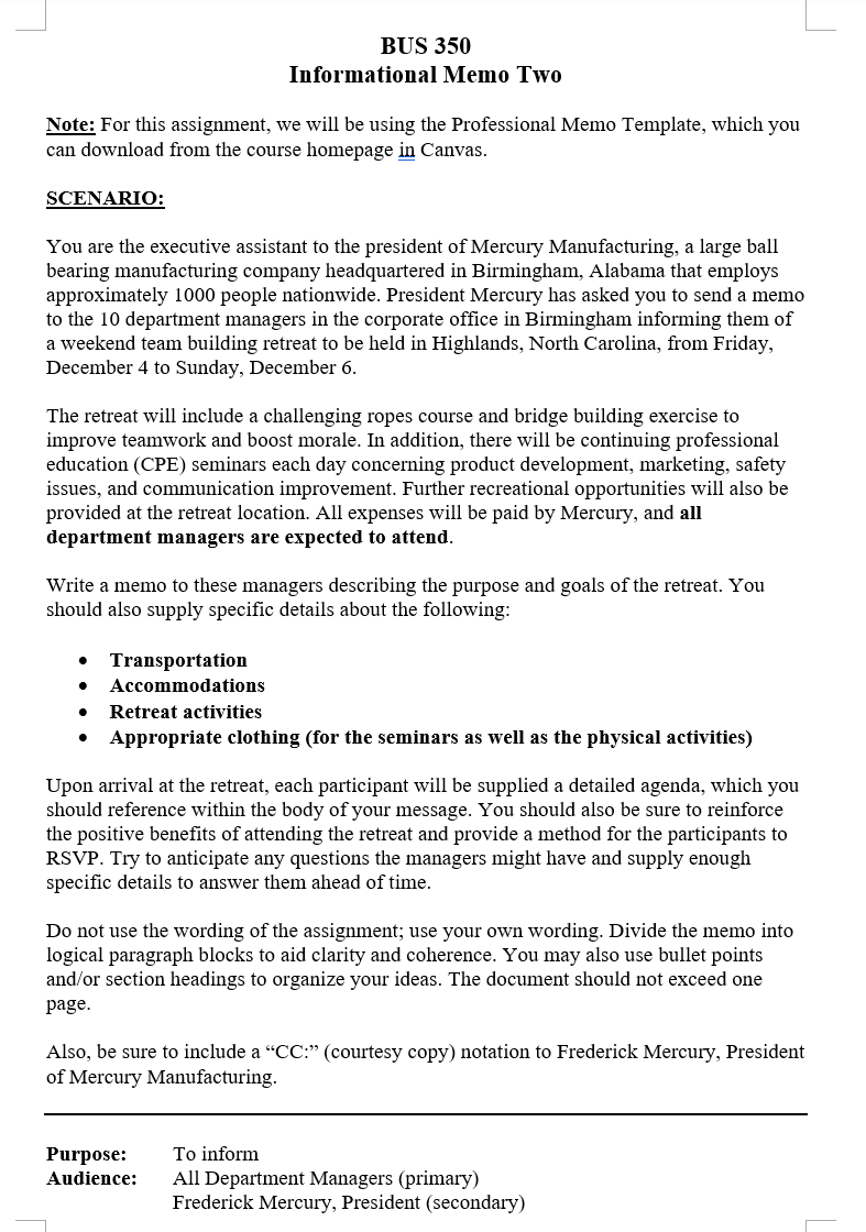 Solved Informational Memo Two Note: For this assignment, we | Chegg.com