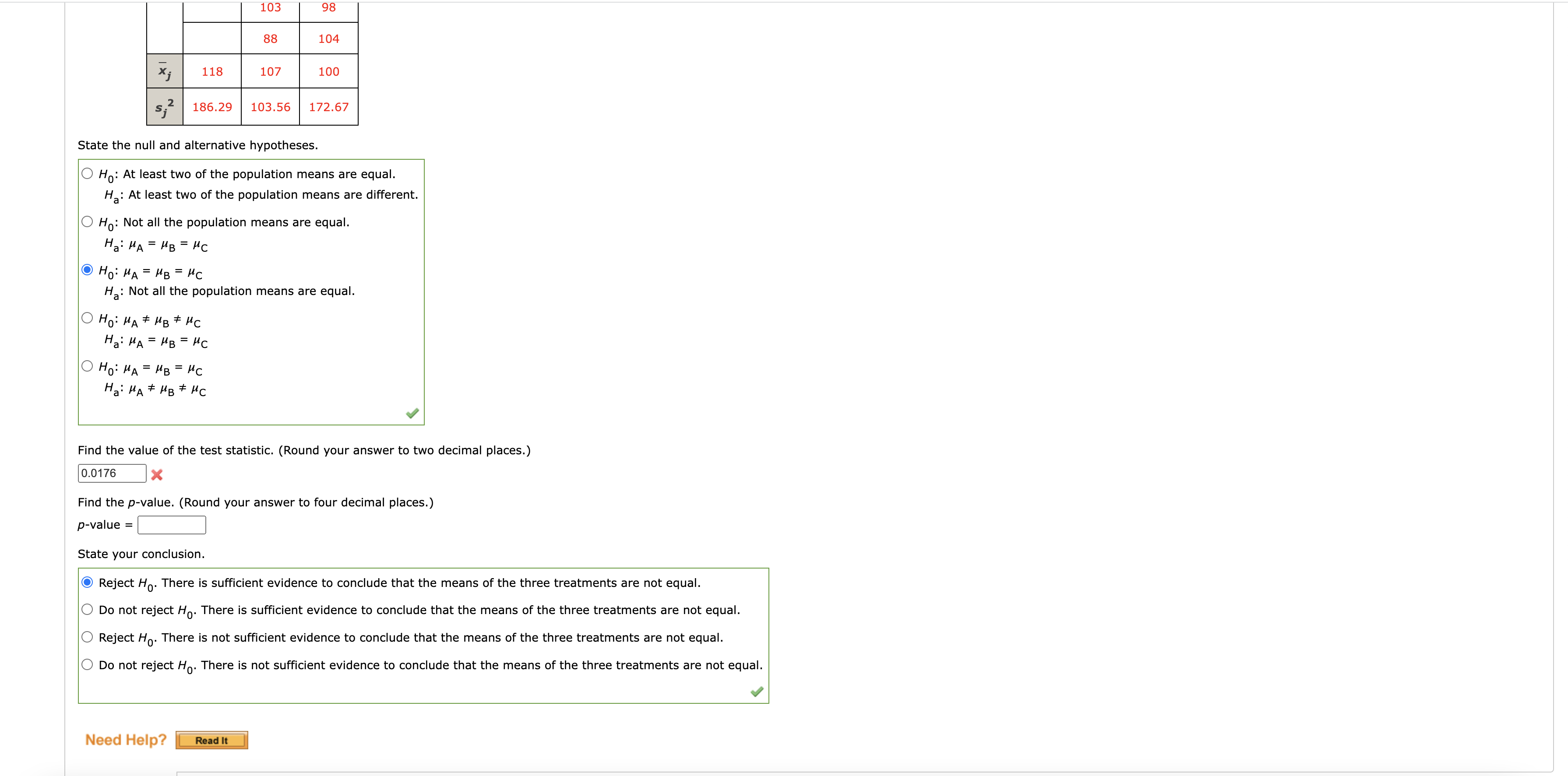 Solved State the null and alternative hypotheses. H0 : At | Chegg.com