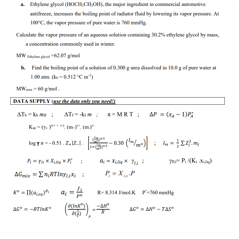 Solved a. Ethylene glycol (HOCH2CH2OH), the major ingredient | Chegg.com
