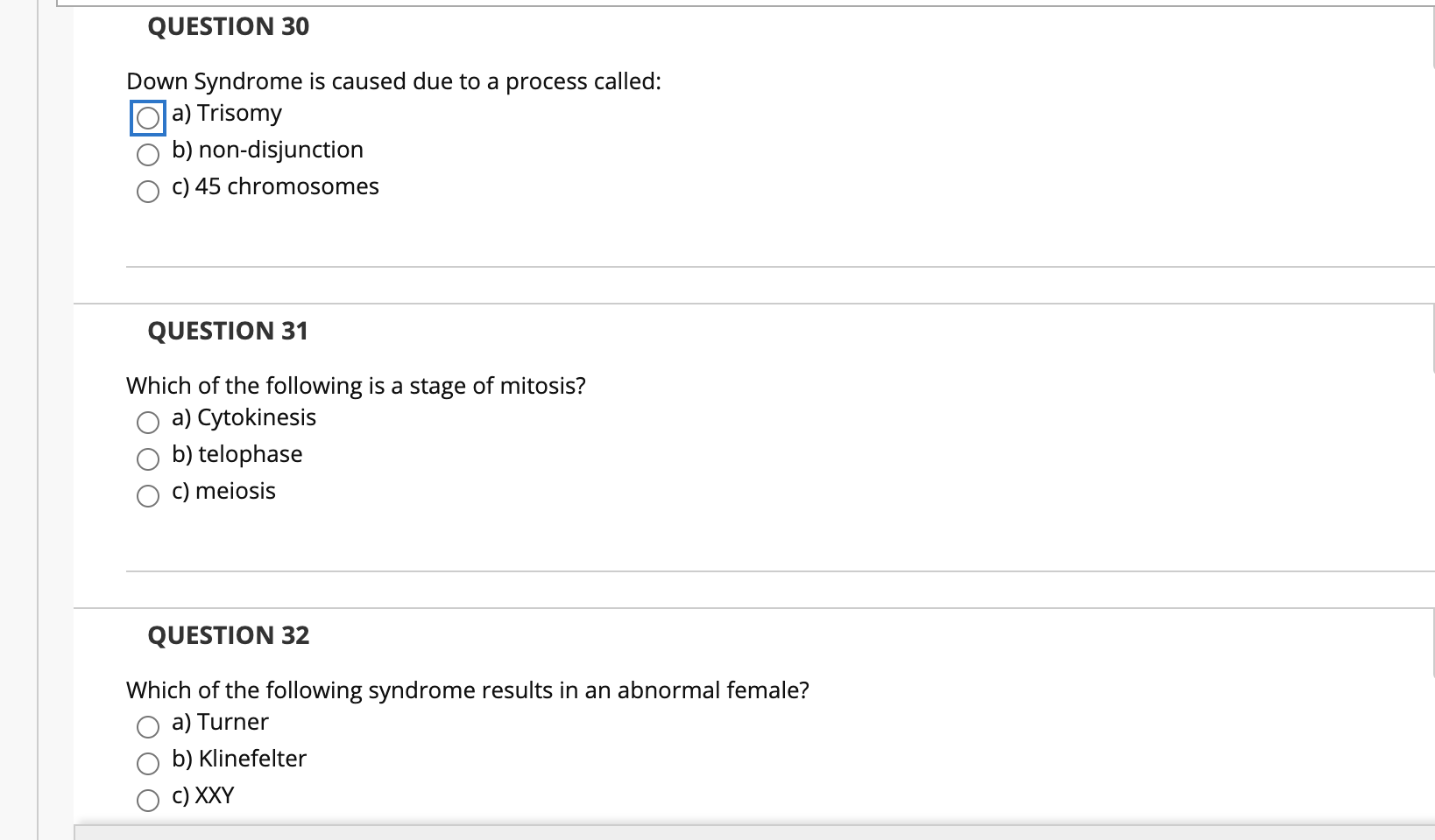 Solved QUESTION 30 Down Syndrome is caused due to a process | Chegg.com
