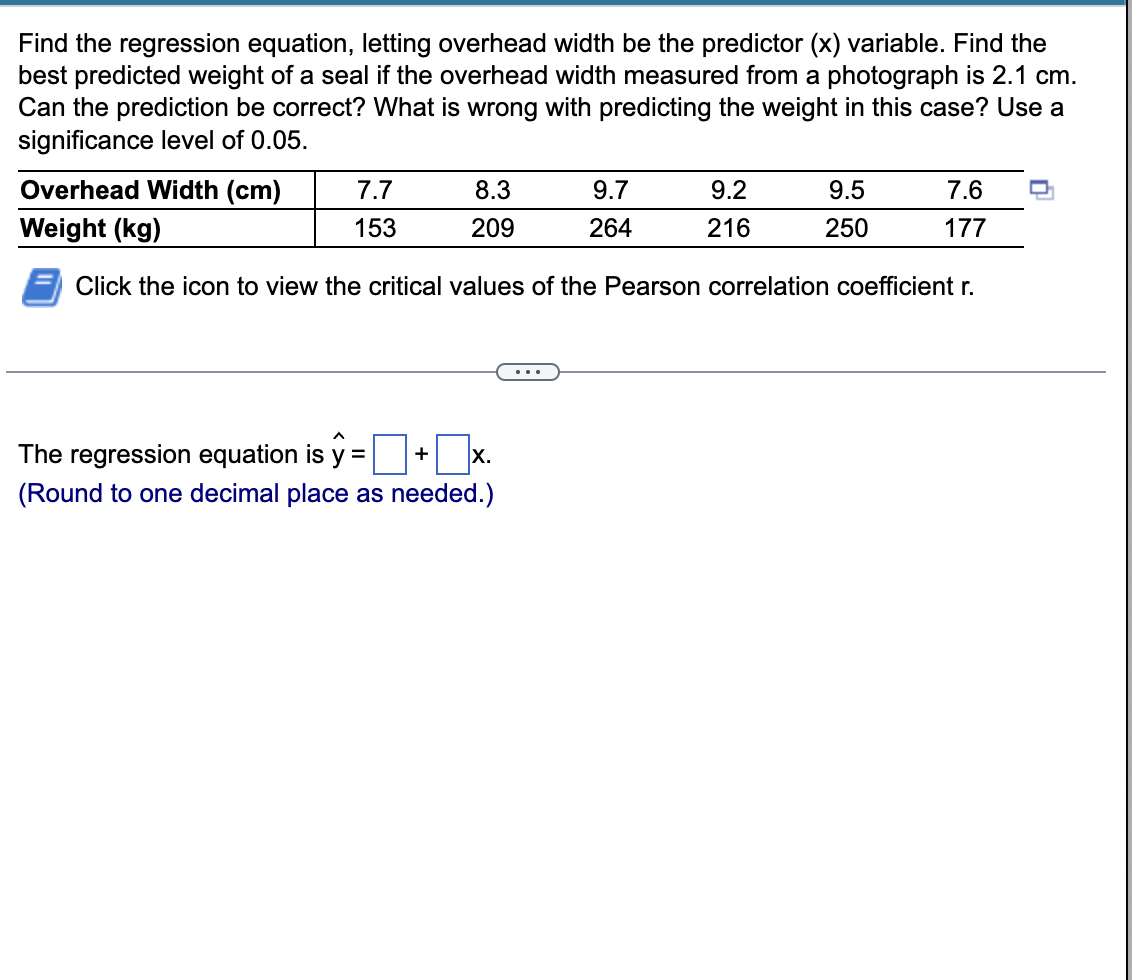 Solved Find the regression equation, letting overhead width | Chegg.com