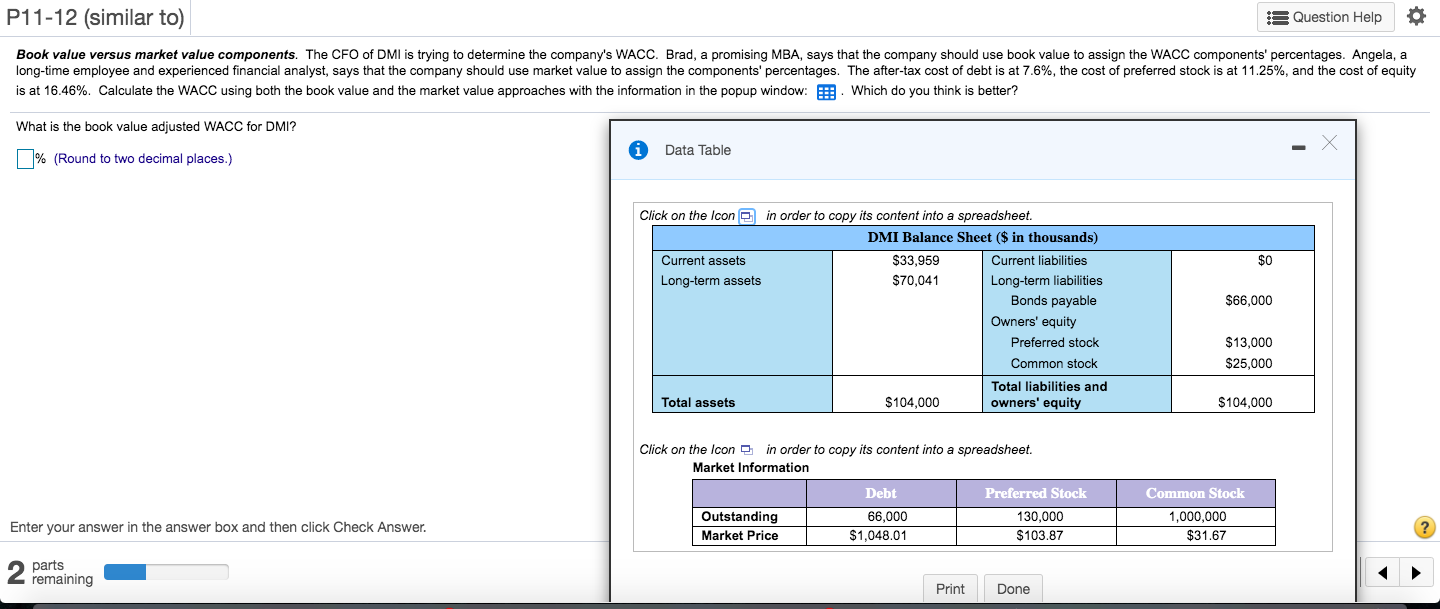 Solved What is the book value adjusted WACC for DMI? What | Chegg.com