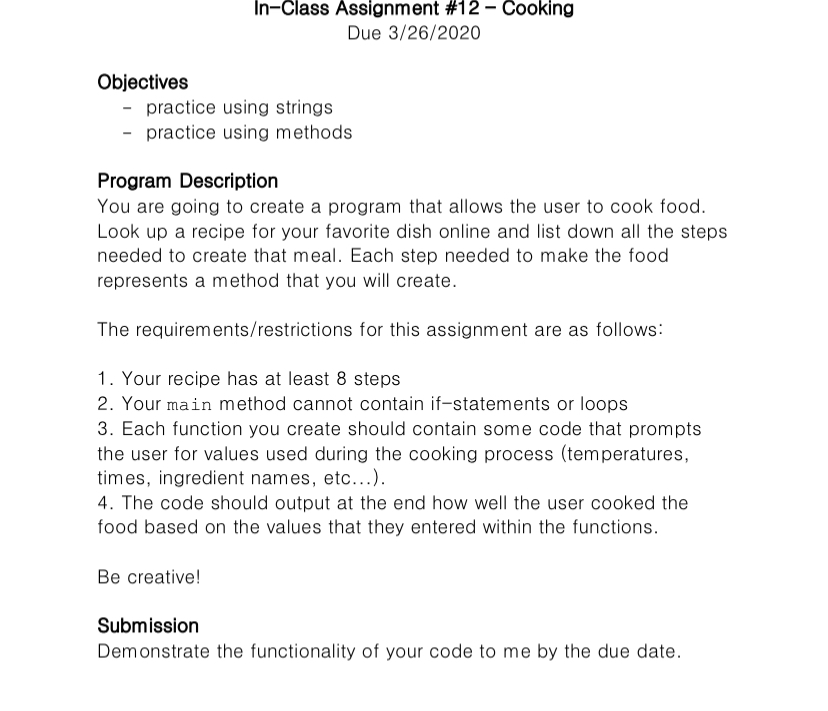 In-Class Assignment #12 - Cooking Objectives - | Chegg.com