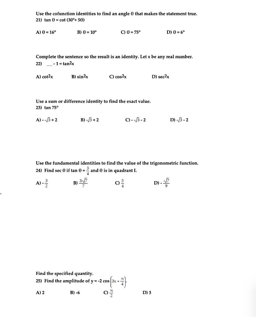Solved Use the cofunction identities to find an angle that | Chegg.com