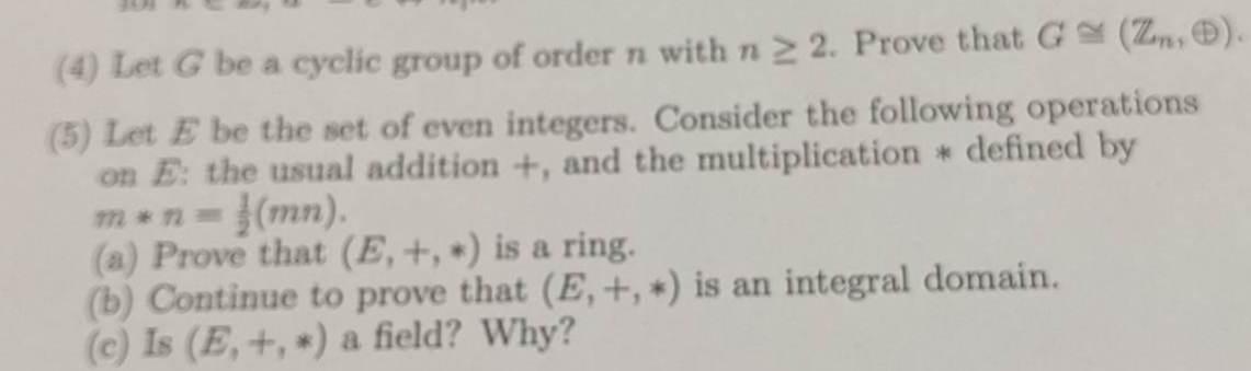Solved (4) Let G be a cyclic group of order n with n≥2. | Chegg.com