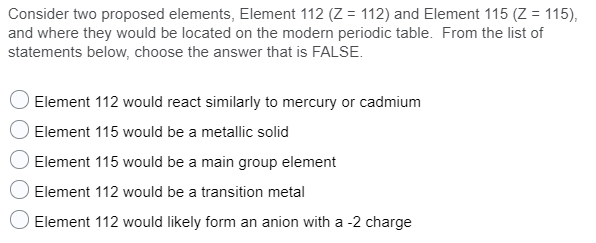 Solved Consider two proposed elements, Element 112 (Z = 112) | Chegg.com