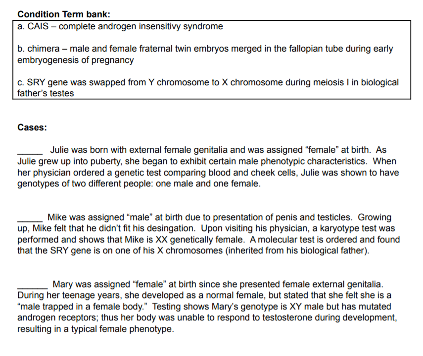 Solved Condition Term bank: a. CAIS - complete androgen | Chegg.com