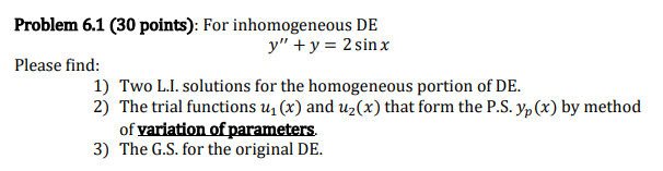 Solved Problem 6.1 (30 points): For inhomogeneous DE y" + y | Chegg.com