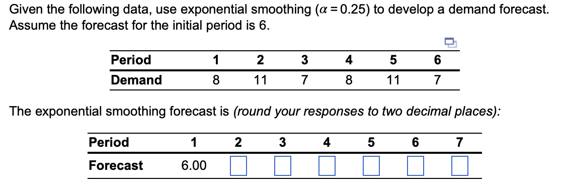 Solved Given the following data, use exponential smoothing | Chegg.com