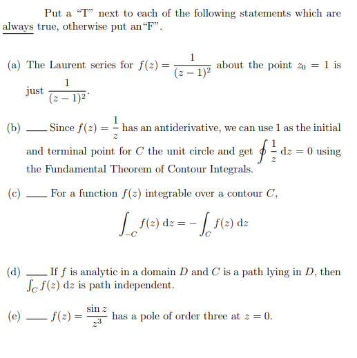 Solved Put a "T" ﻿next to ﻿each of ﻿the following statements | Chegg.com