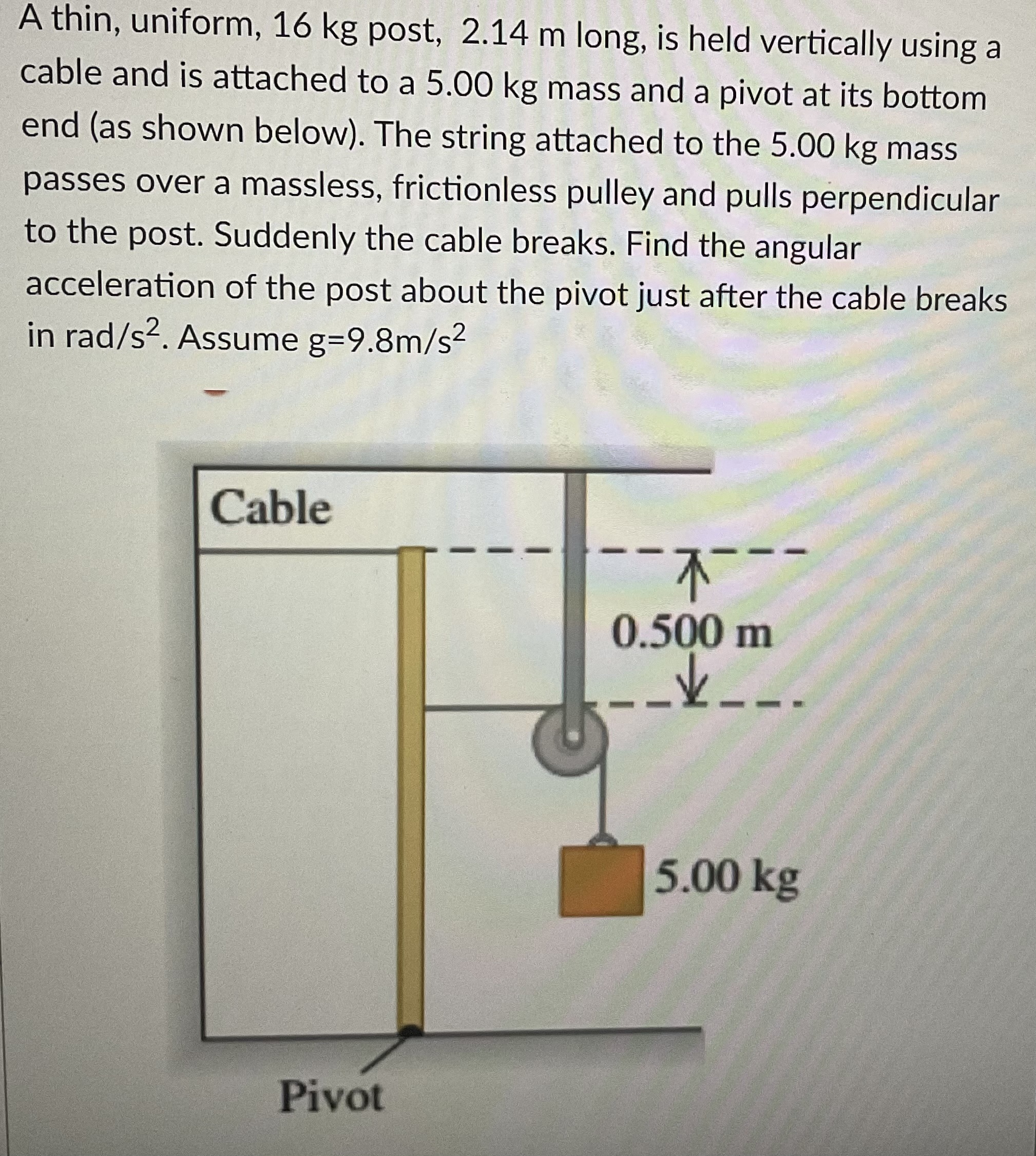 Solved by an EXPERT A thin, uniform, 16 ﻿kg post, 2.14 ﻿m long, is held | Chegg.com