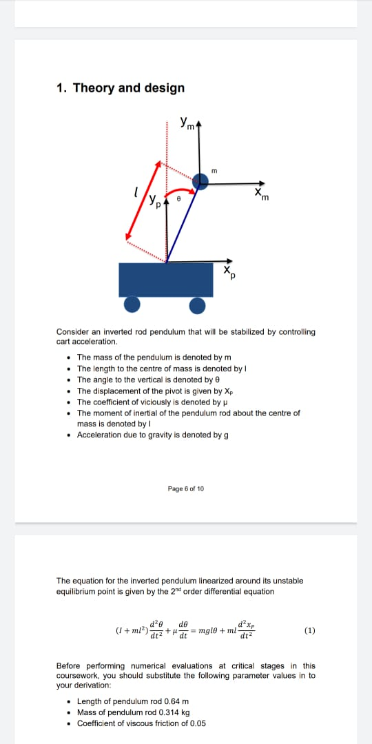 Solved 1. Theory and design Уmt X Consider an inverted rod | Chegg.com