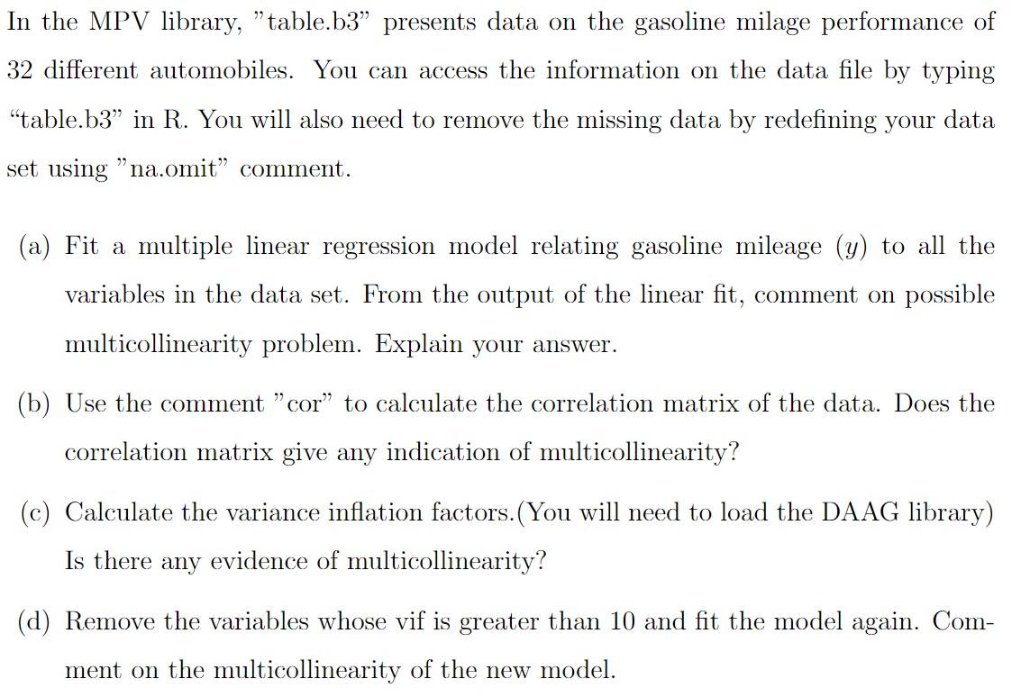 Solved In the MPV library, "table.b3" presents data on the | Chegg.com