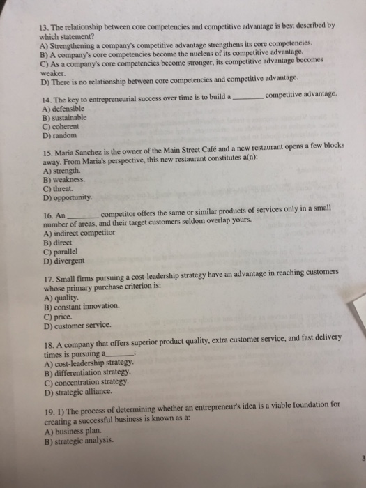 Solved 13. The relationship between core competencies and | Chegg.com