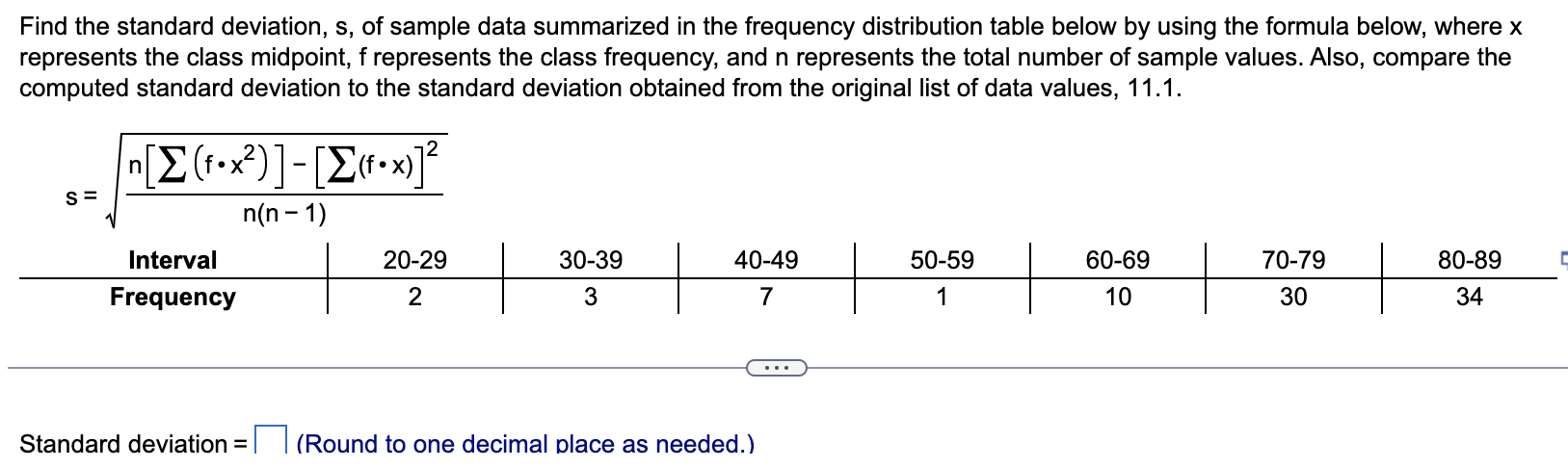 Solved Find the standard deviation, s, of sample data | Chegg.com