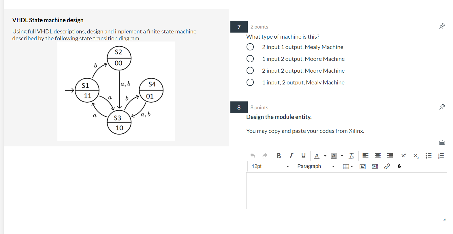 Solved VHDL State machine design 7 2 points 10 Using full | Chegg.com