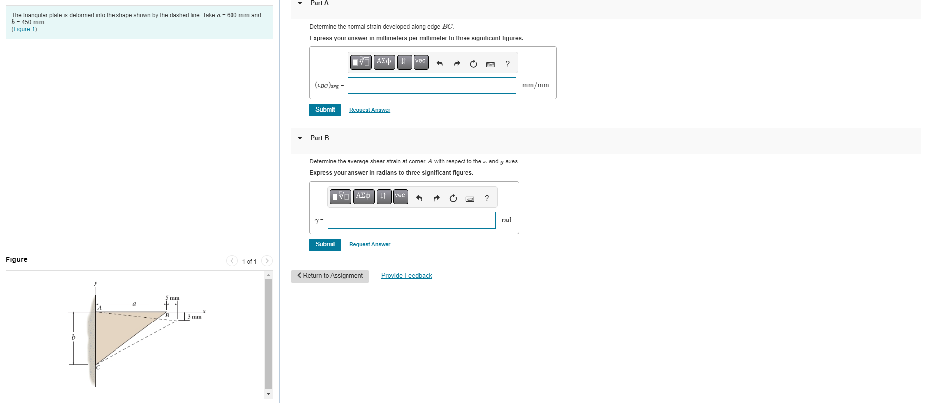 Solved The triangular plate is deformed into the shape shown | Chegg.com