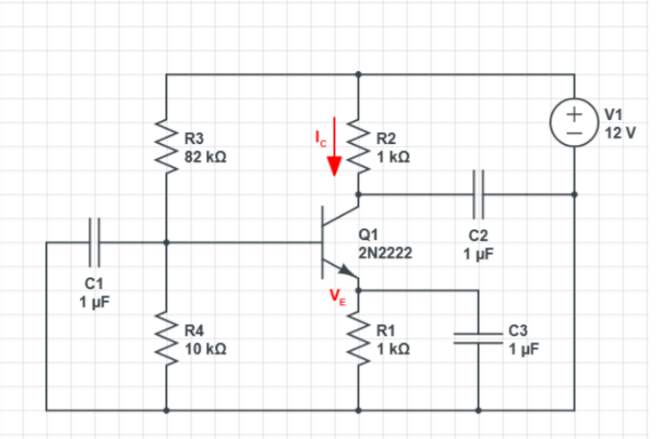 Solved +v1 12V Ic R2 ξεκα R3 82 ΚΩ 1 ΚΩ Q1 2N2222 C2 1 μF C1 | Chegg.com