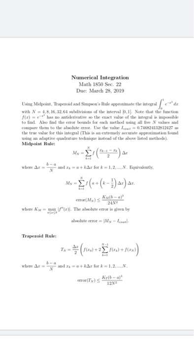 Solved Numerical Integration Math 1850 Sec. 22 Due: March | Chegg.com