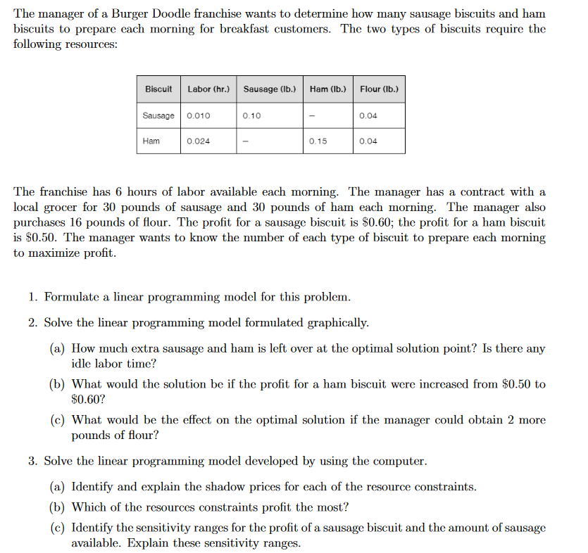 Solved The manager of a Burger Doodle franchise wants to | Chegg.com