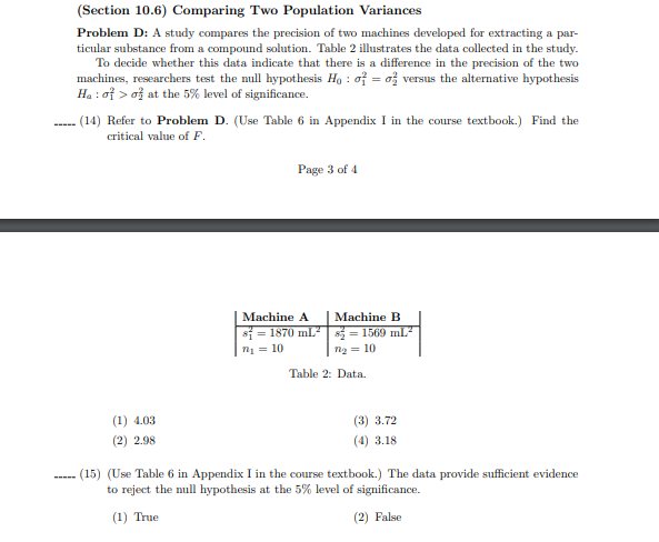 Solved (Section 10.6) Comparing Two Population Variances | Chegg.com