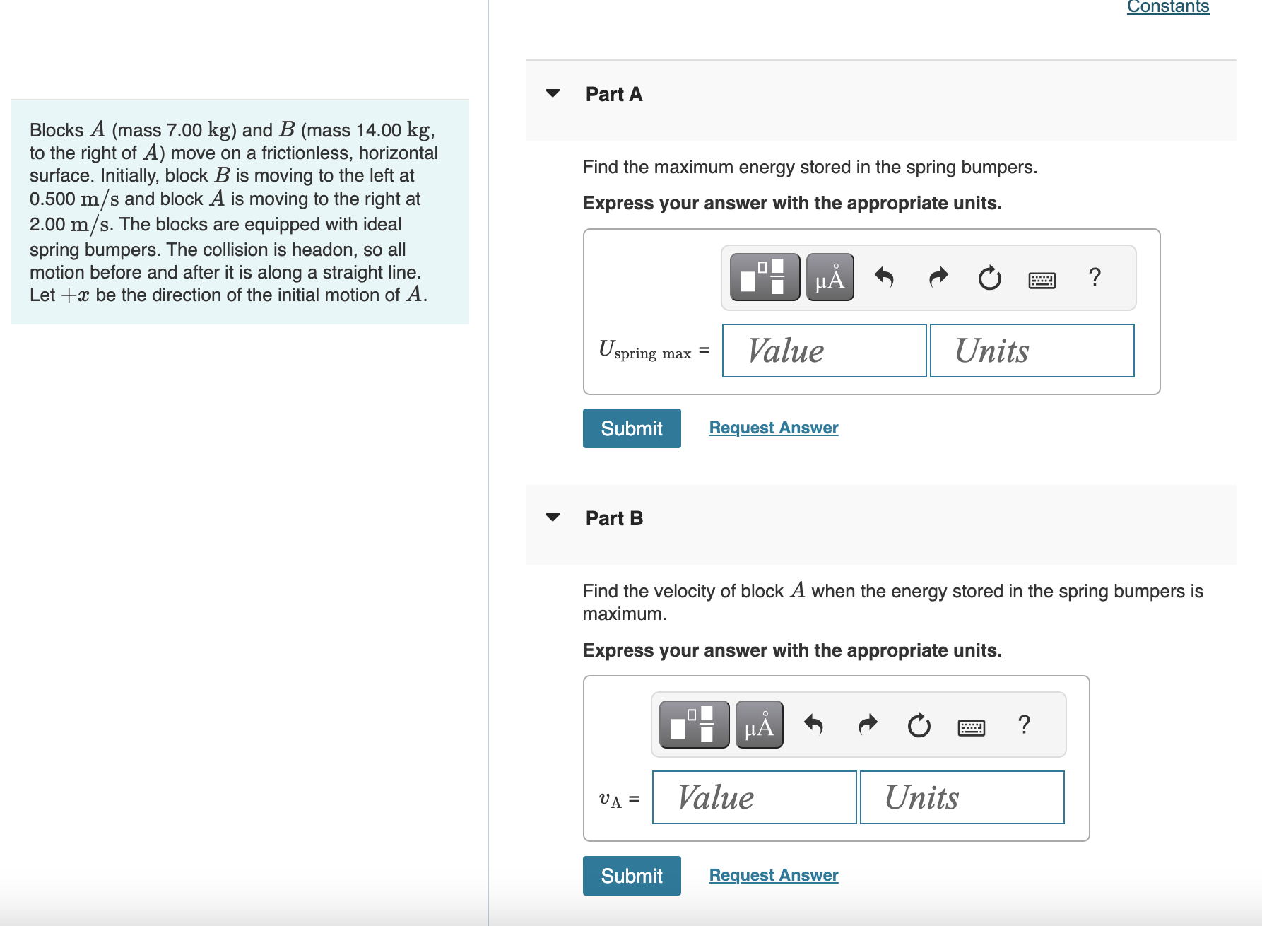 Solved Blocks A (mass 7.00kg ) ﻿and B (mass 14.00kg,to the | Chegg.com