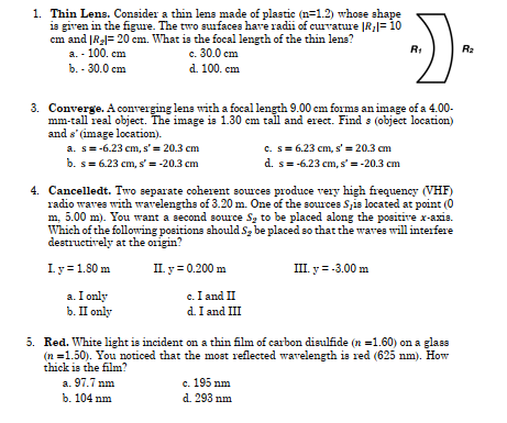 Solved 1. Thin Lens. Consider a thin lens made of plastic | Chegg.com