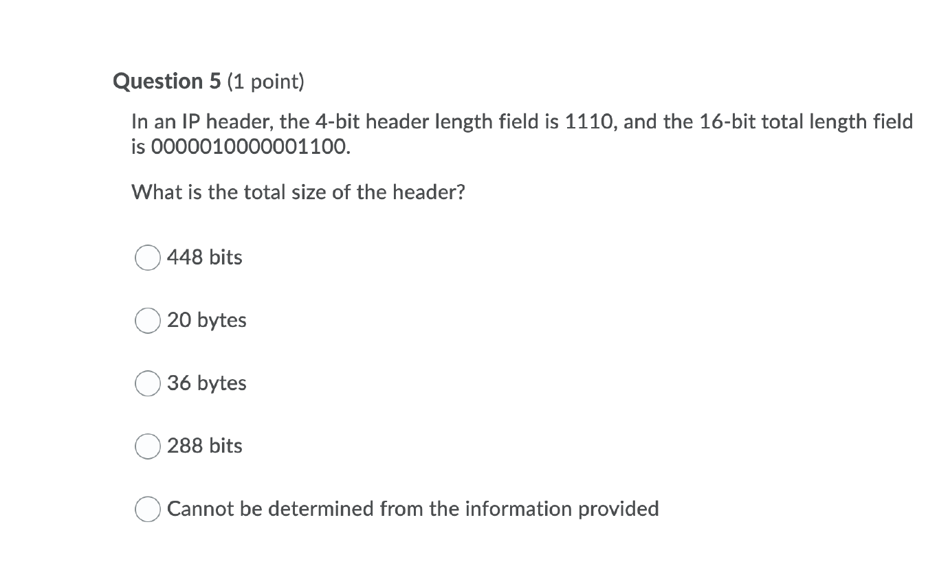 Solved Question 5 (1 point) In an IP header, the 4-bit | Chegg.com