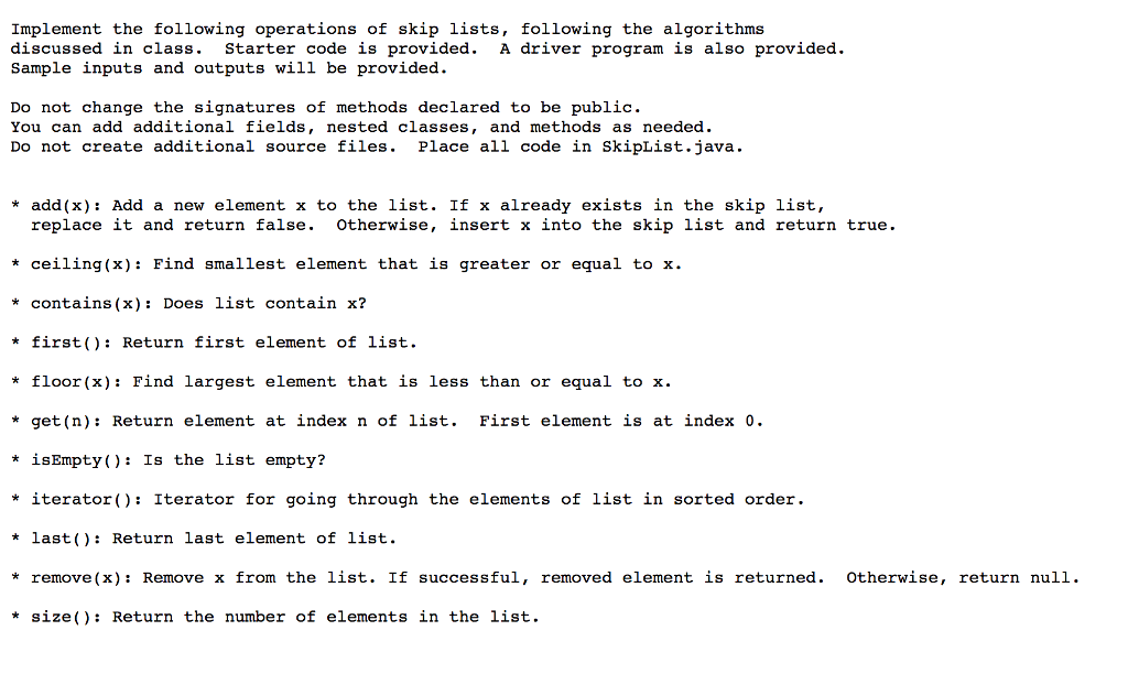 Implement the following operations of skip lists, | Chegg.com