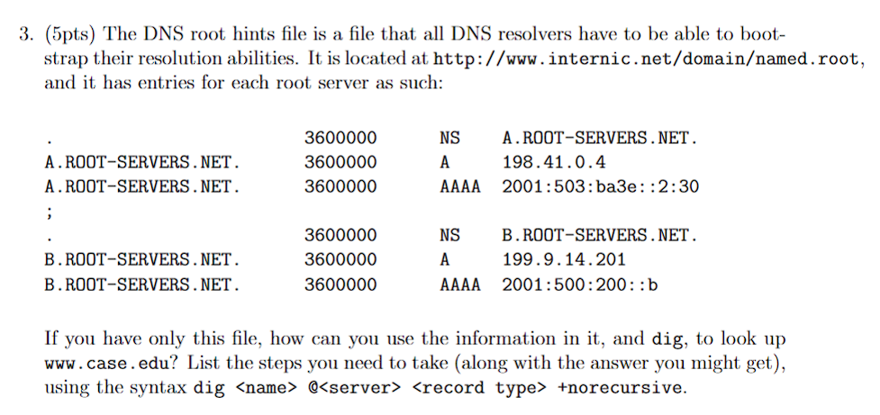 Solved 3. (5pts) The DNS root hints file is a file that all | Chegg.com