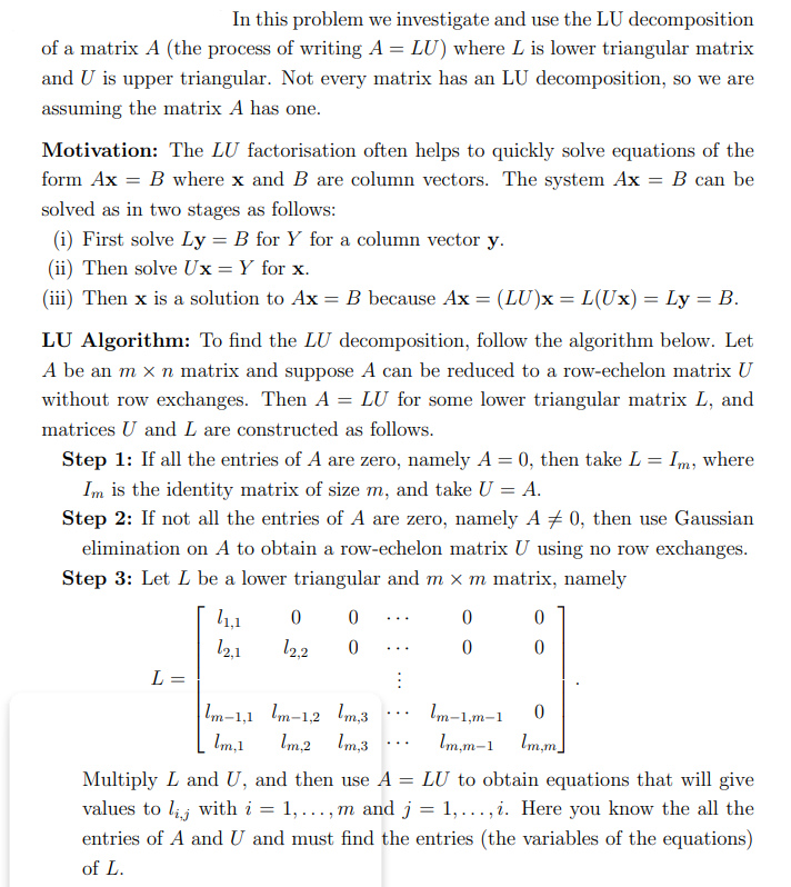 Solved In this problem we investigate and use the LU | Chegg.com