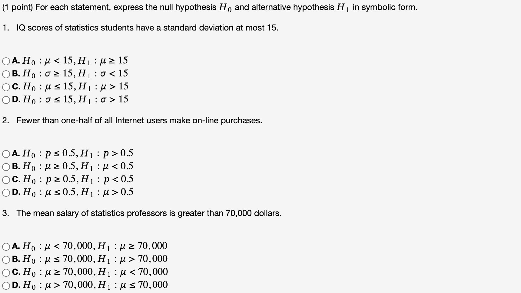 Solved (1 point) For each statement, express the null | Chegg.com