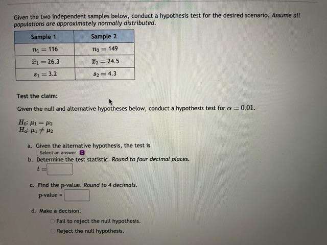 Solved Given the two independent samples below, conduct a | Chegg.com