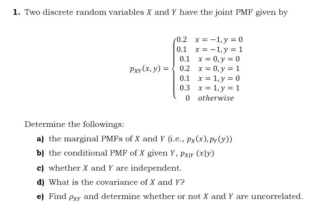Solved 1. Two discrete random variables X and Y have the | Chegg.com