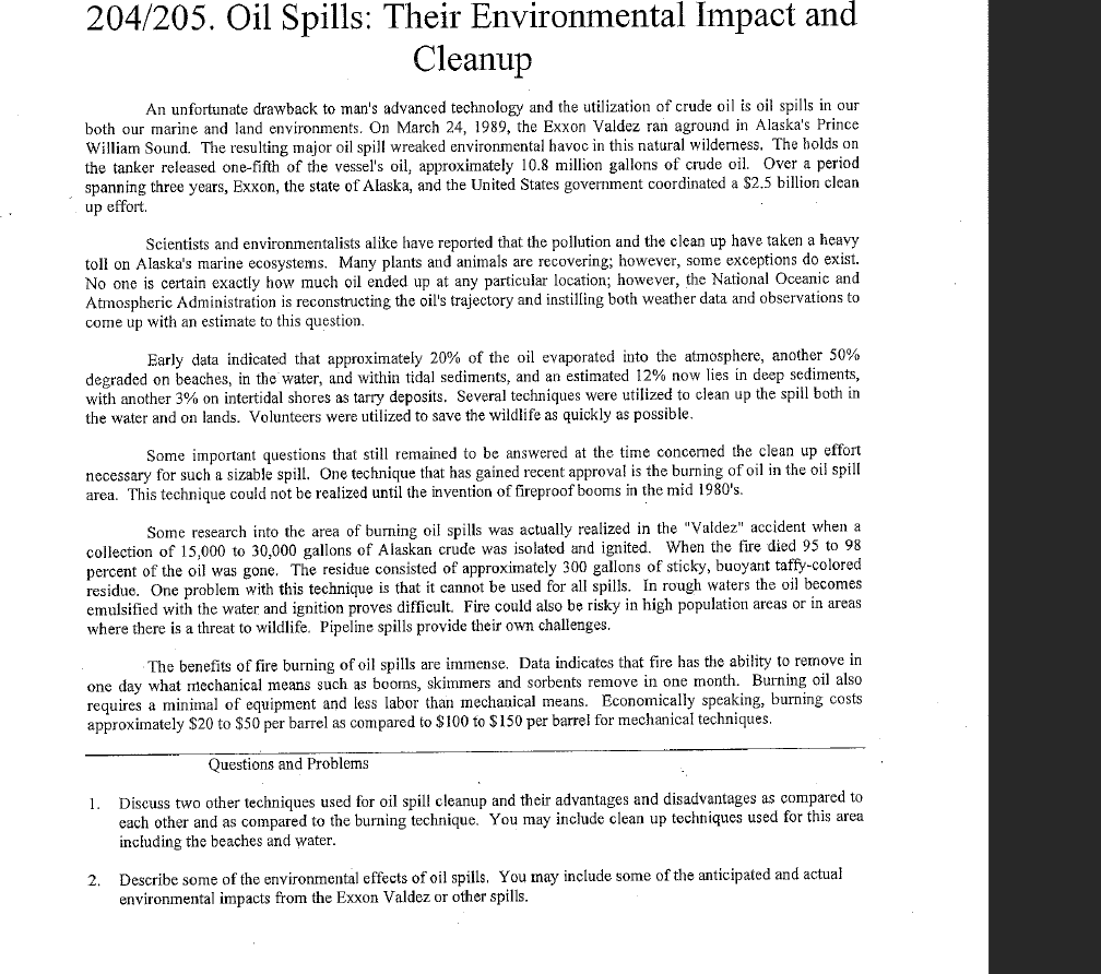 Solved 204/205. Oil Spills: Their Environmental Impact and | Chegg.com