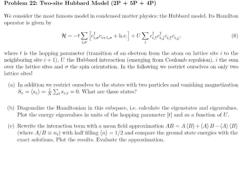 Problem 22: Two-site Hubbard Model (2P + 5P + 4P) We | Chegg.com